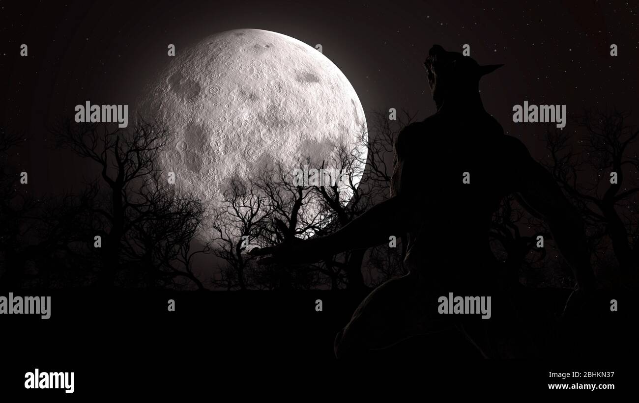 Illustration of a werewolf during the full moon in the creepy forest ...