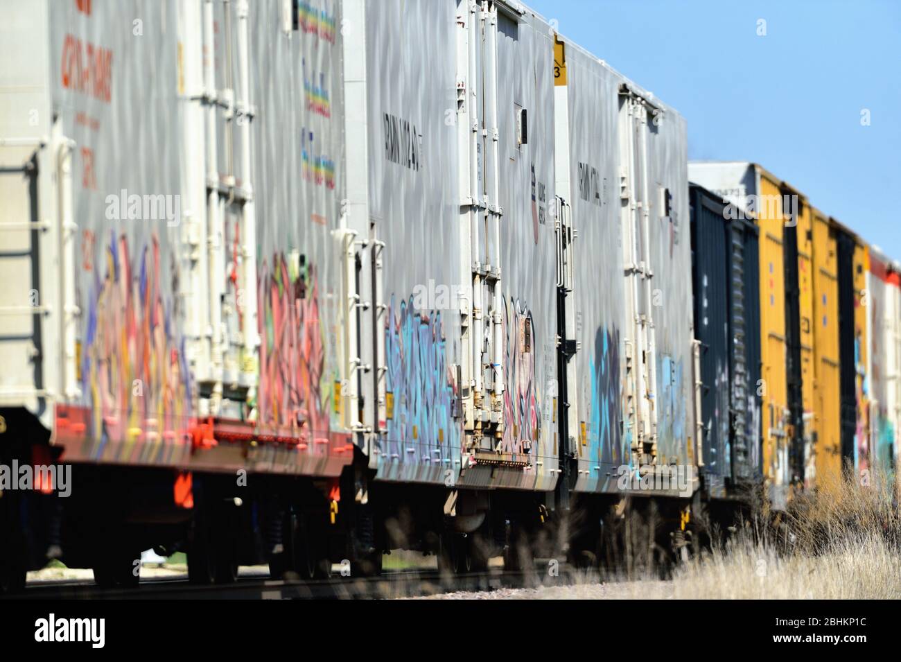 Geneva, Illinois, USA. A mixed freight train on its westward journey ...