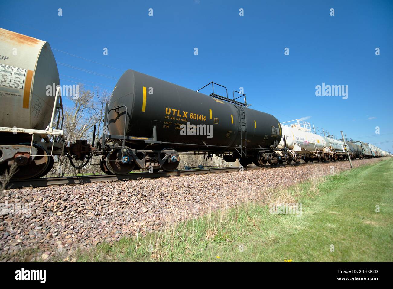 Geneva, Illinois, USA. A mixed freight train on its westward journey ...