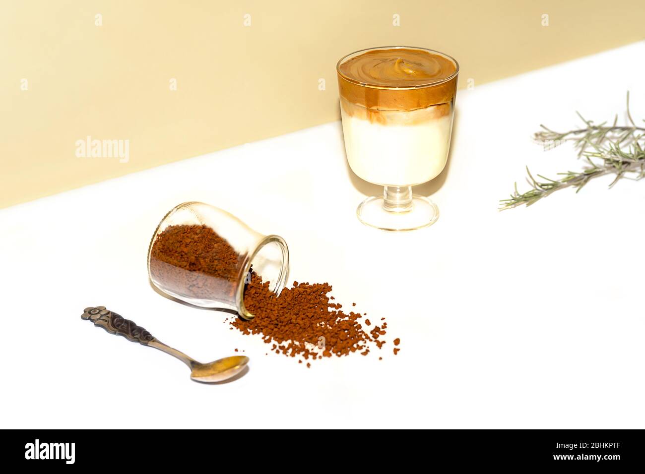 Iced dalgona coffee, fashionable fluffy creamy whipped coffee on a ...