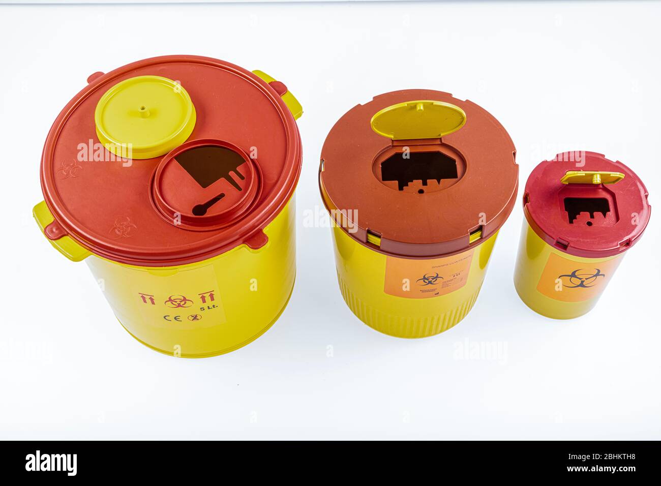 Different sizes of Medical waste bins (1.3, 2, 3, 5 liter). Yellow ...