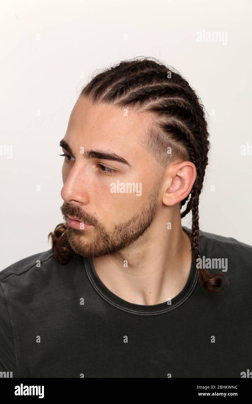 Stylish male model with beard and afro plaits posing in studio. Trends ...