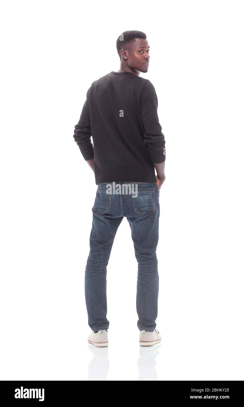 casual man looking at blank white screen. isolated on white Stock Photo ...