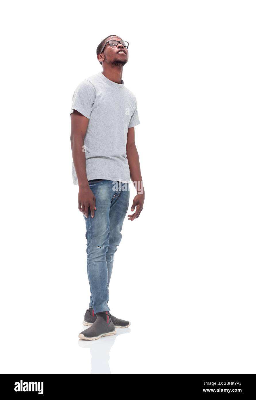 attractive guy with glasses looking up. isolated on white Stock Photo ...