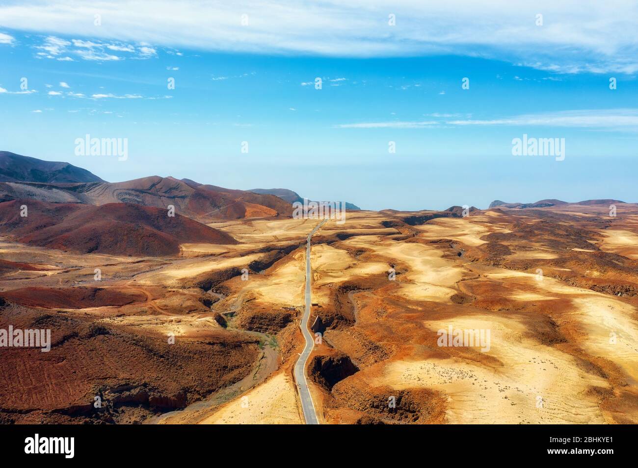 Road through the dry desert highlands of Santo Antao, Cape Verde, post ...