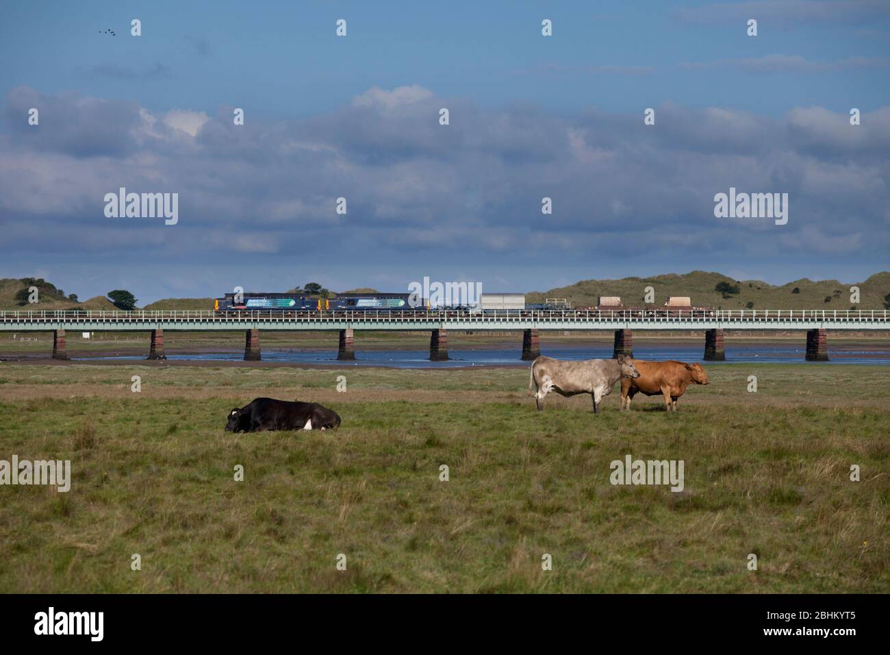 2 Direct Rail Services class 37 locomotives crossing Eskmeals Viaduct ...