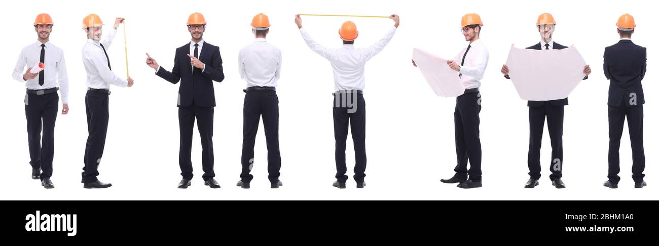 panoramic photo collage of qualified architect isolated on white Stock ...