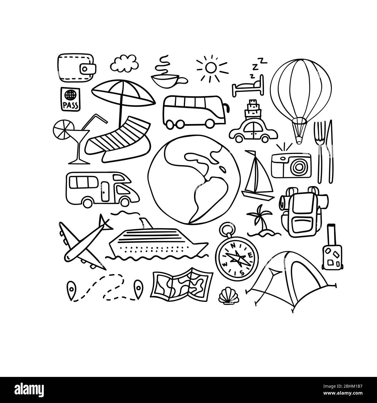 Travel and vacation hand drawn icons. Summer tourism doodles. Outline ...