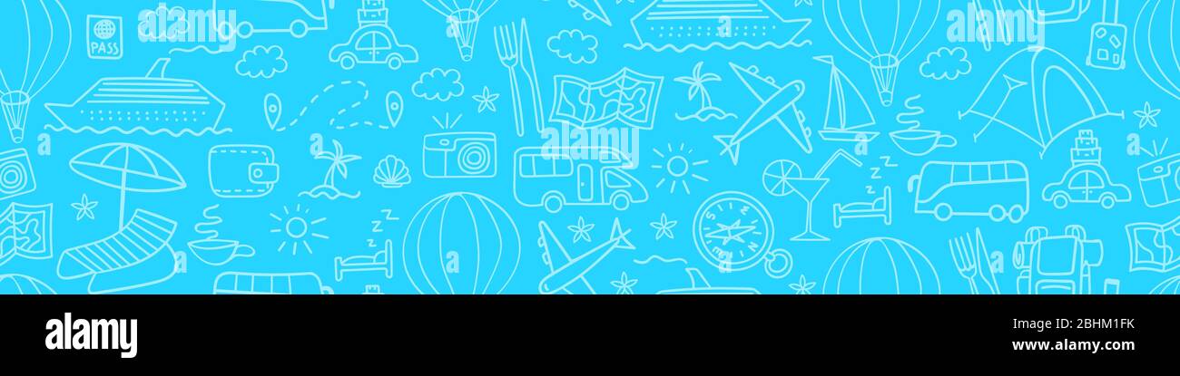Travel and vacation seamless border. Summer tourism doodles. Outline ...