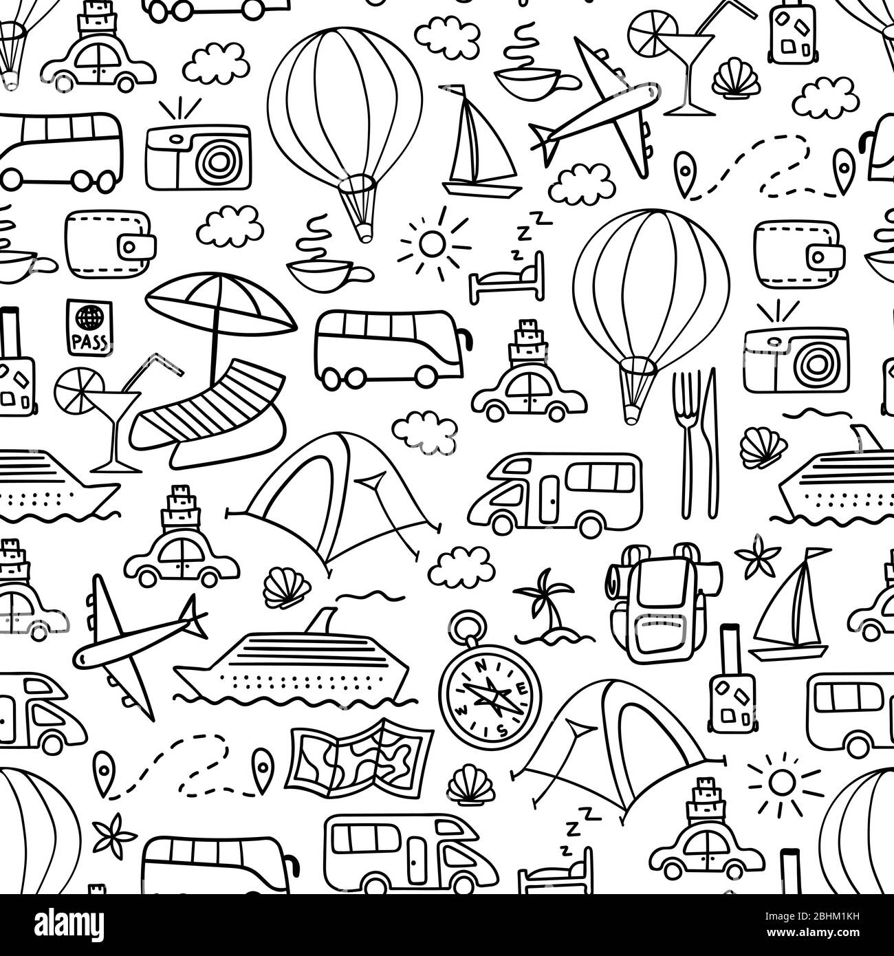 Travel and vacation seamless pattern. Summer tourism doodles. Outline ...