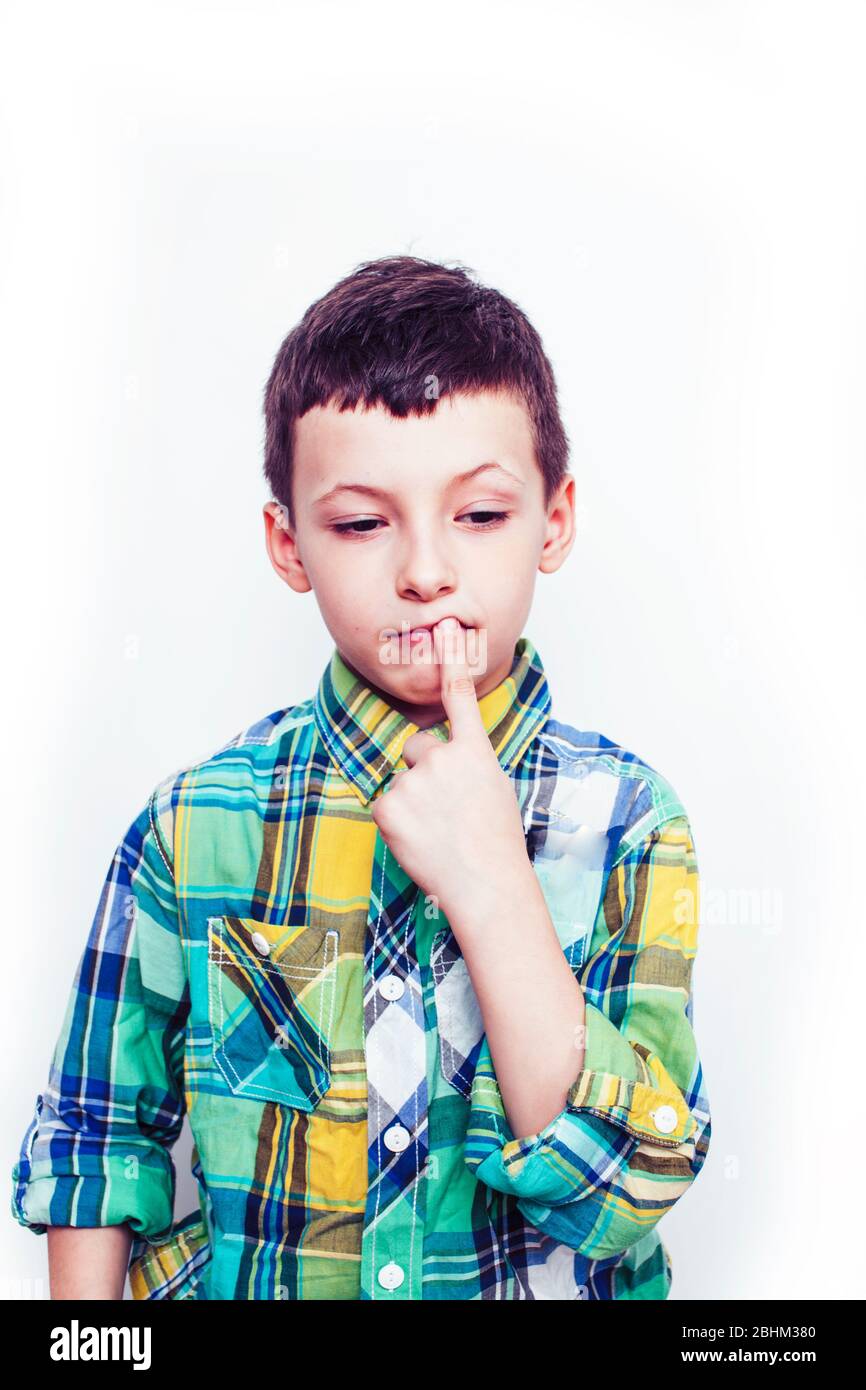 little cute real boy on white background gesture smiling close up ...