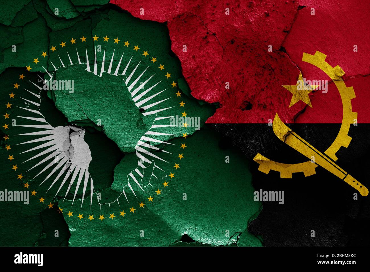 flags of African Union and Angola painted on cracked wall Stock Photo ...