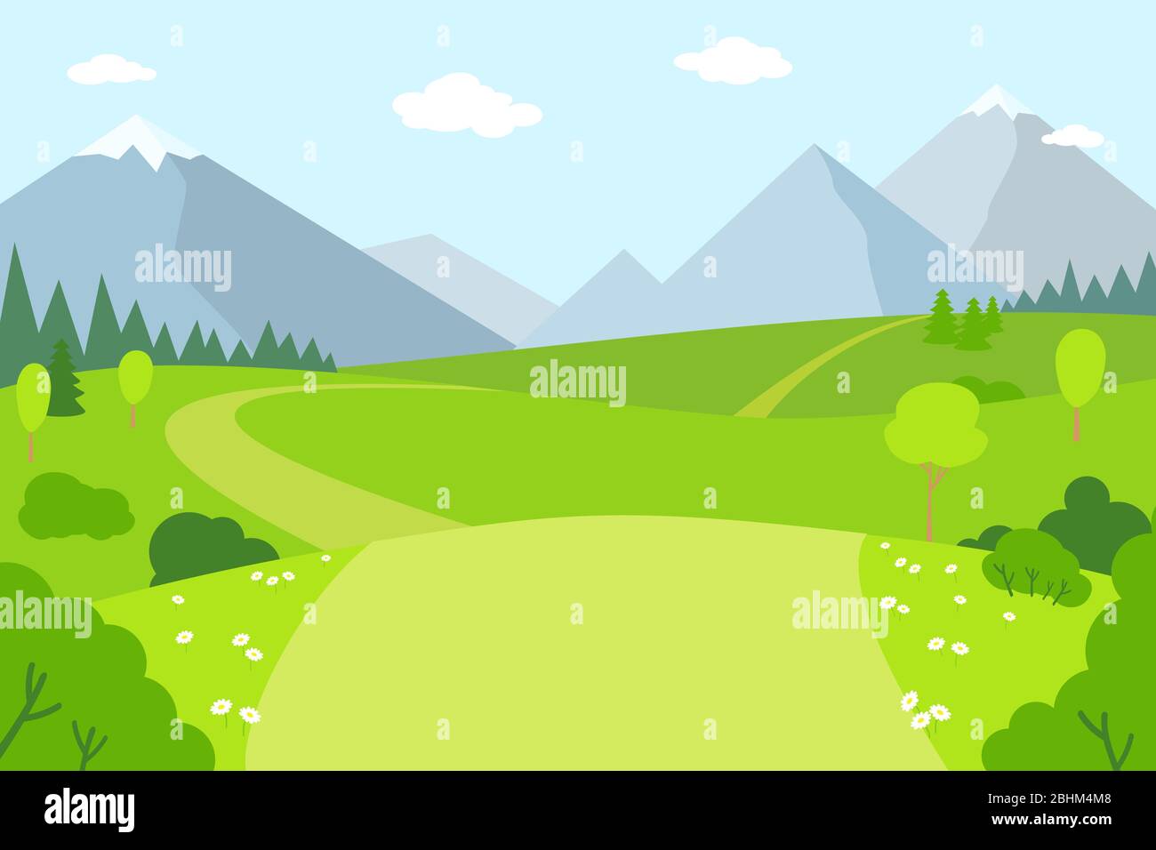 Mountain landscape flat cartoon style. Summer scenery outdoor ...