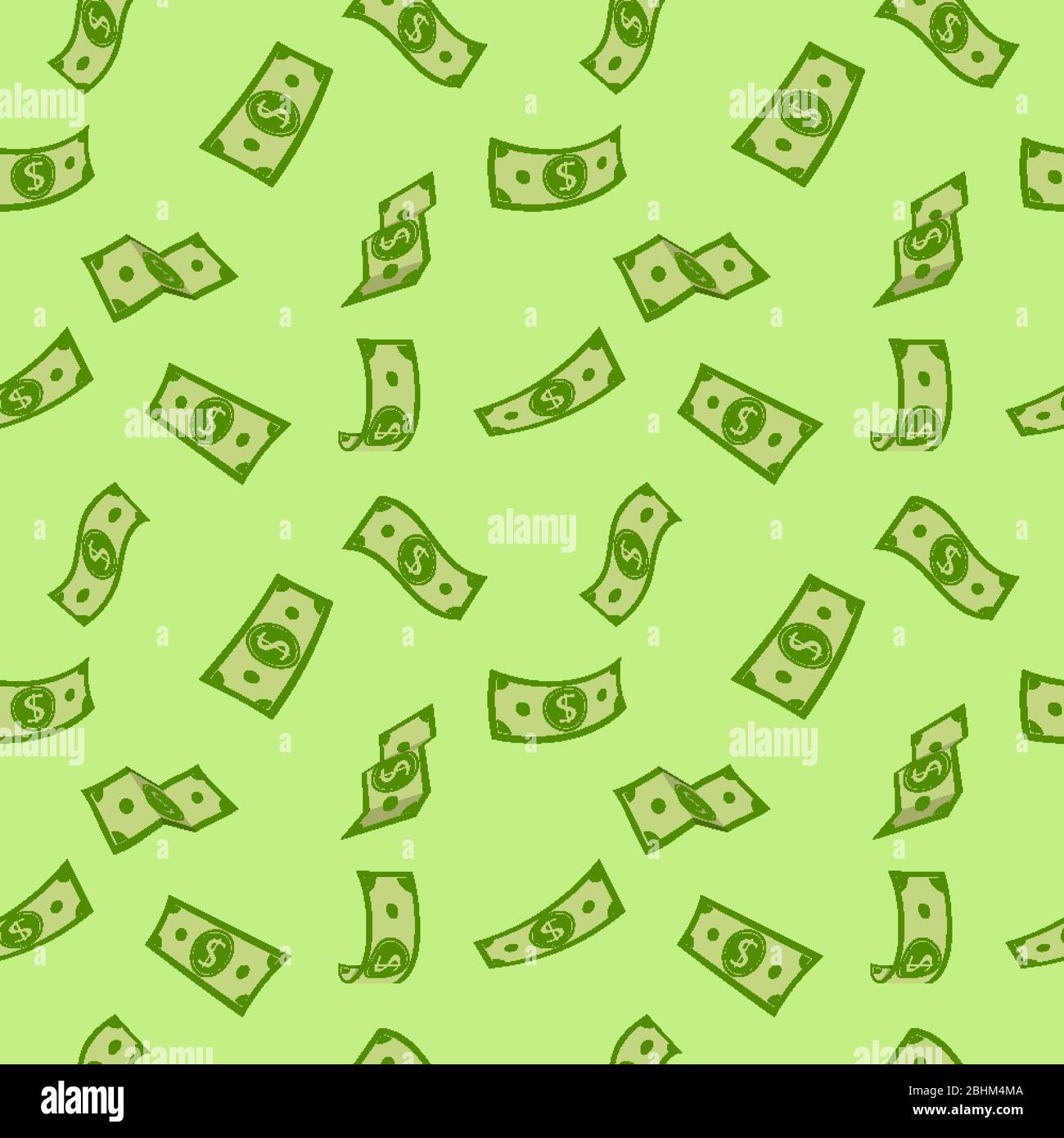 Seamless pattern money rain green flat cartoon. Paper notes flying in ...