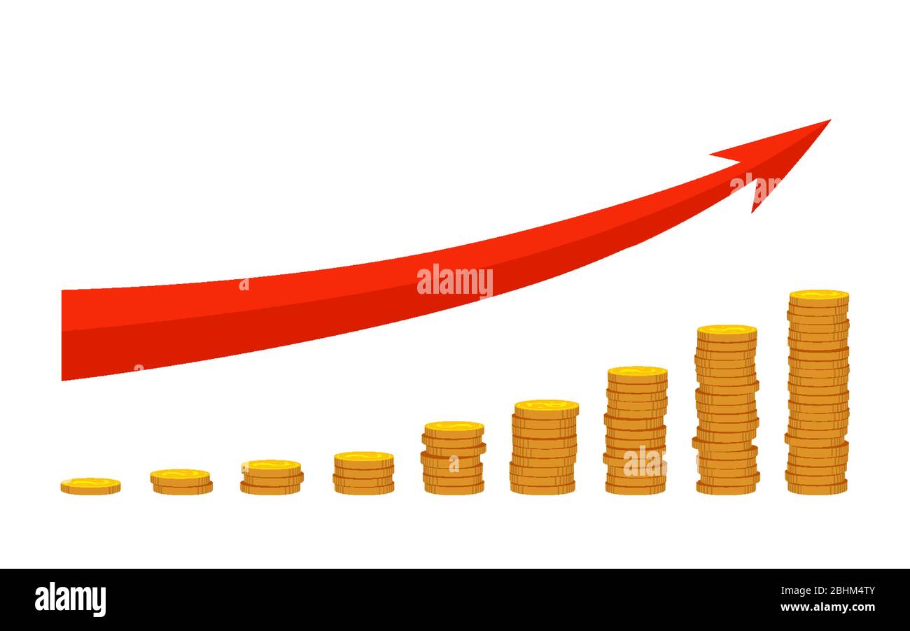 Stacks gold coin flat cartoon set. Growing financial schedule red arrow ...