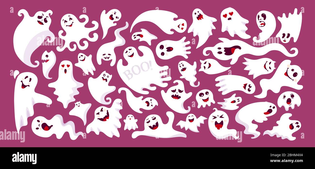 Ghost colored flat cartoon set. Halloween collection cute and scary ...