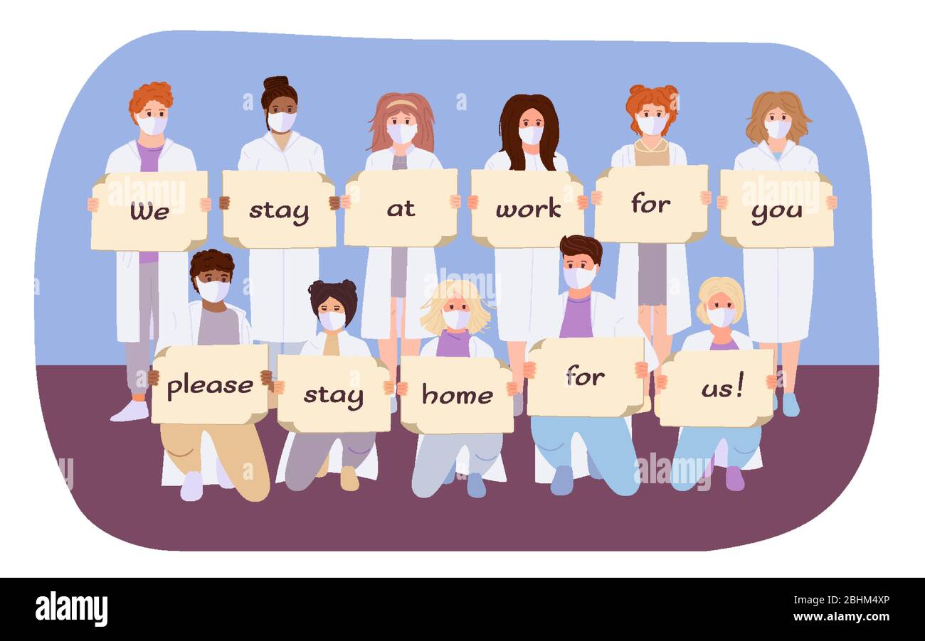 Coronavirus Covid 19, doctors in white coat, medical mask. Hold banner ...