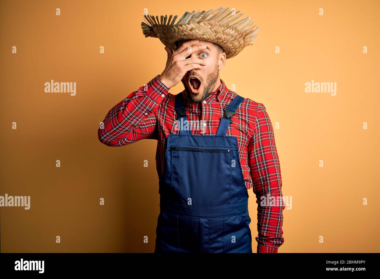 Young rural farmer man wearing bib overall and countryside hat over ...