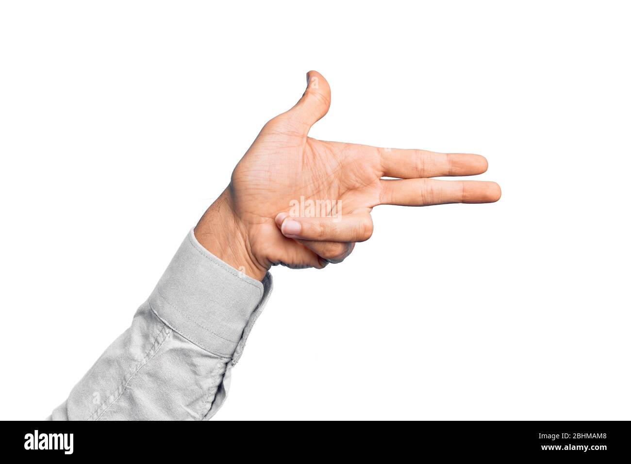Hand of caucasian young man showing fingers over isolated white ...