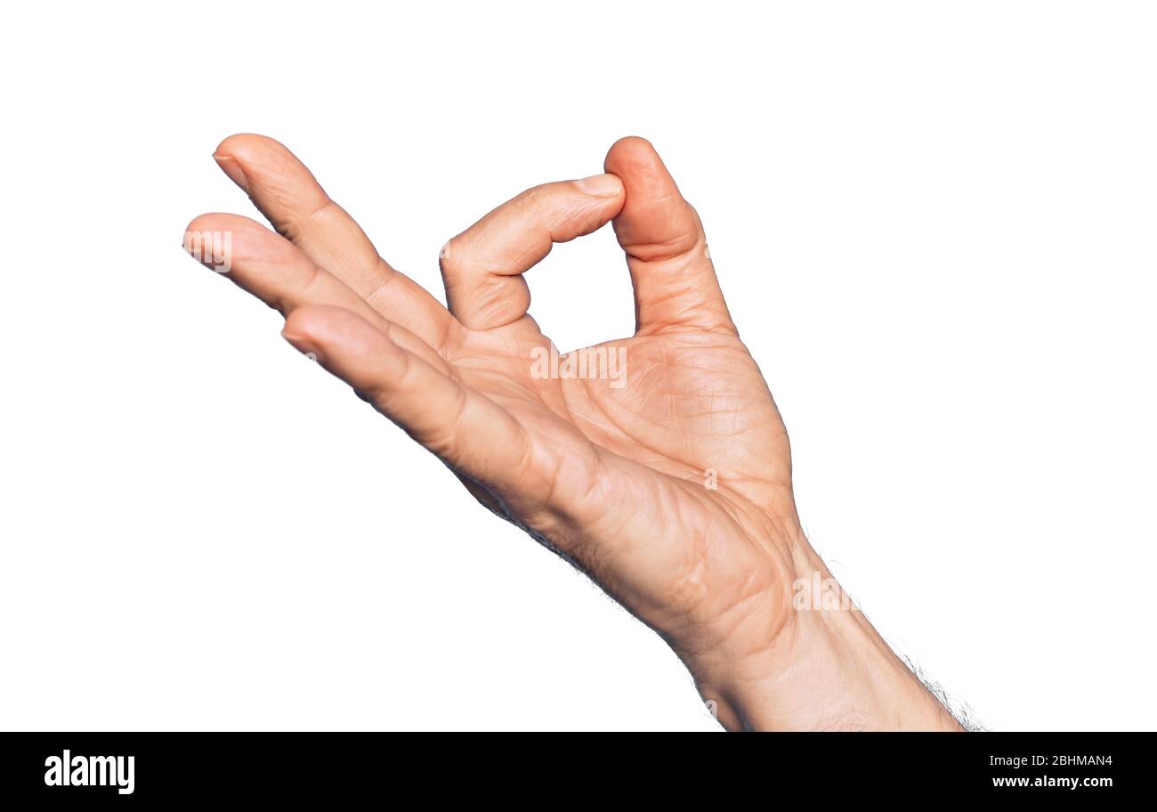 Hand of caucasian middle age man over isolated white background ...