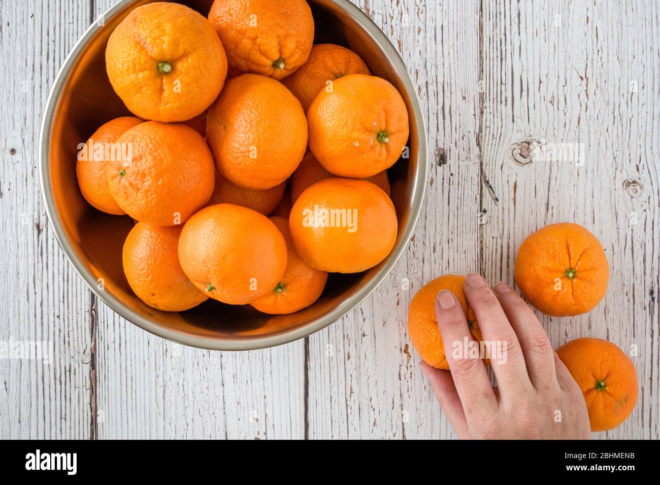 Small clementine oranges in a stainless-steel bowl, with a woman’s hand ...