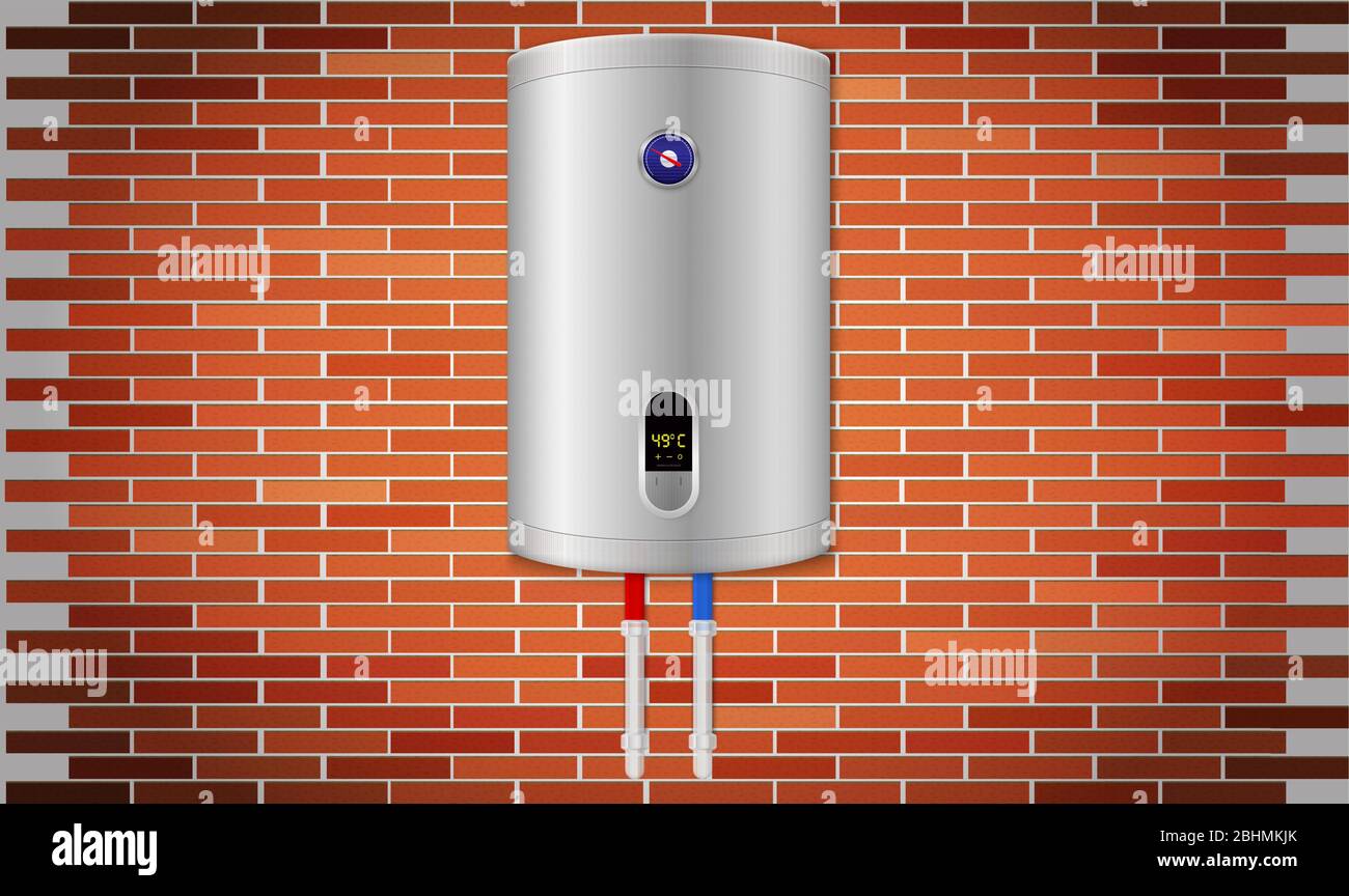 mock up illustration of kitchen water heater on red brick wall ...