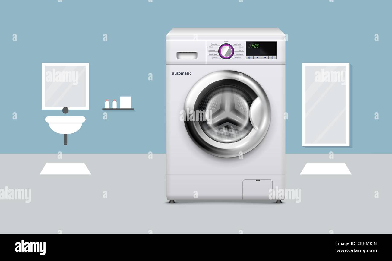 mock up illustration of electronic washing machine in washroom view ...