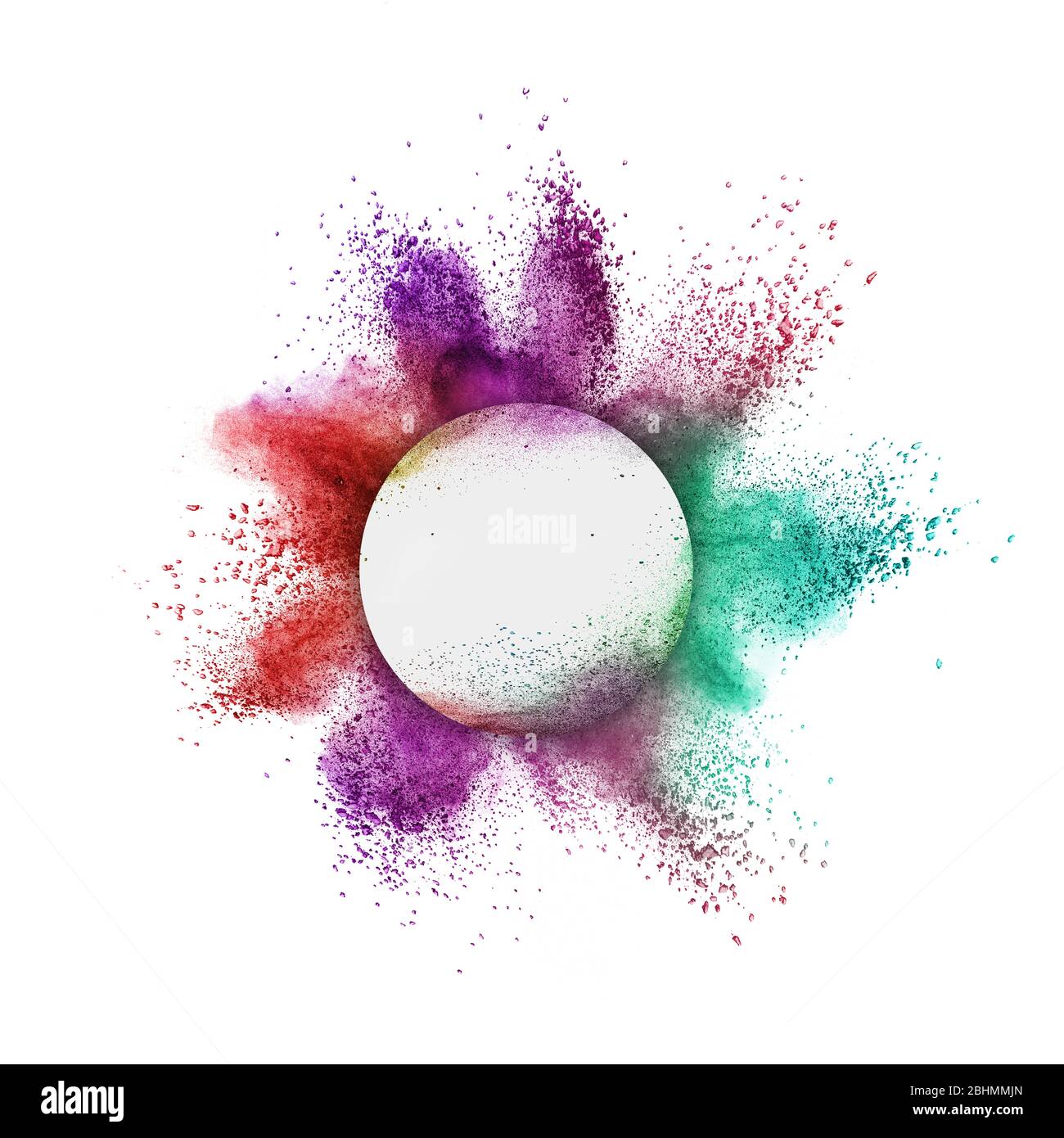 Colorful powder splash in a round frame on a white background Stock ...