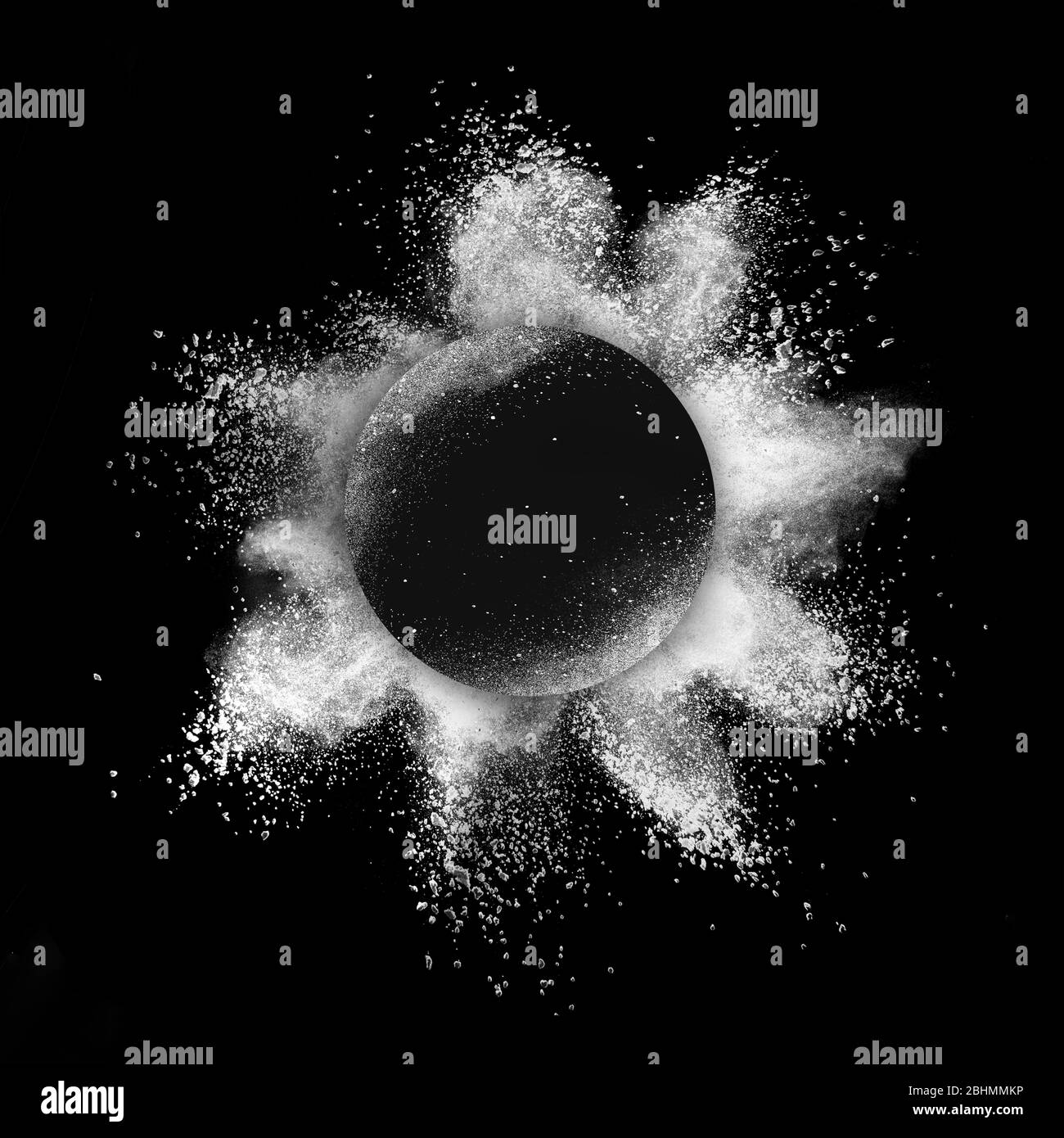 White powder explosion in a round frame on a black background Stock ...