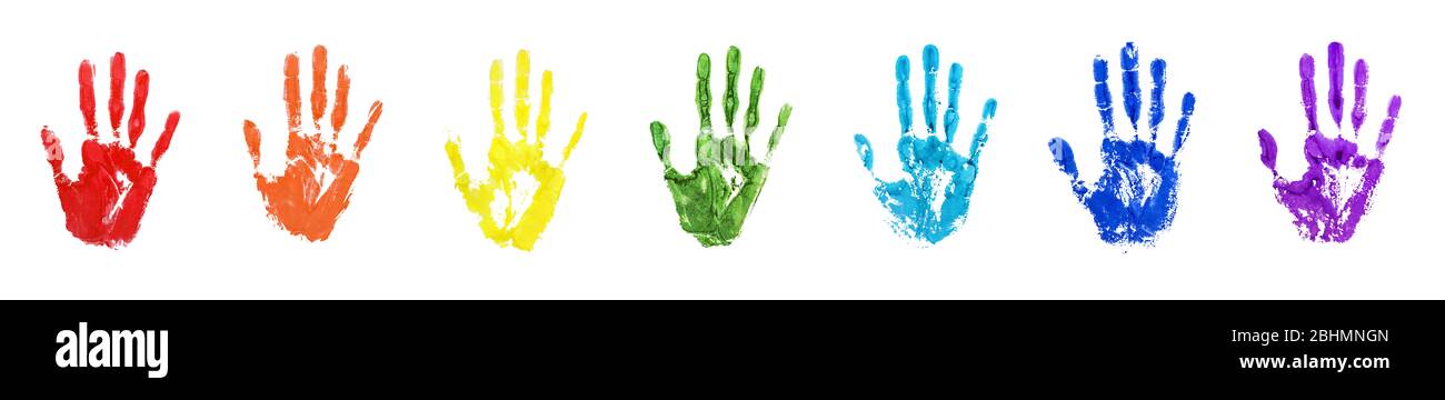 Rainbow color human hand print set white background isolated closeup ...
