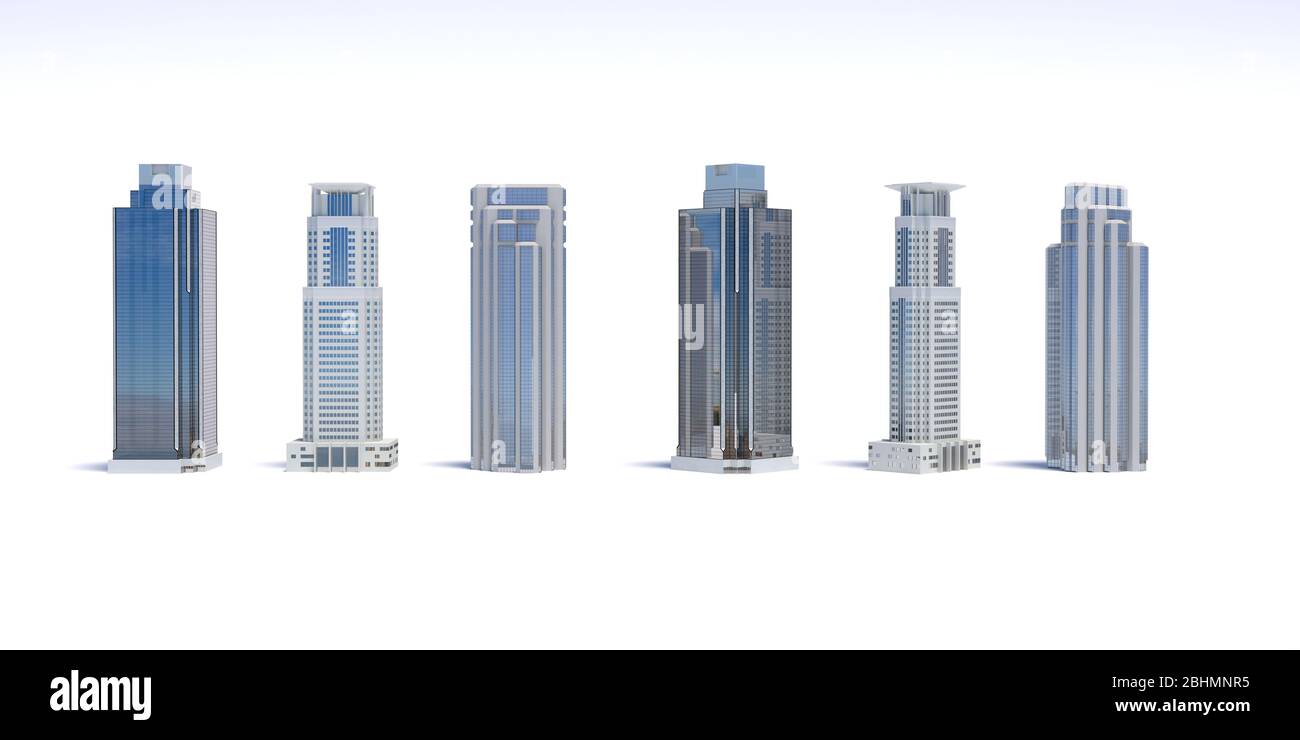 Set of different skyscraper buildings isolated on white. 3d ...