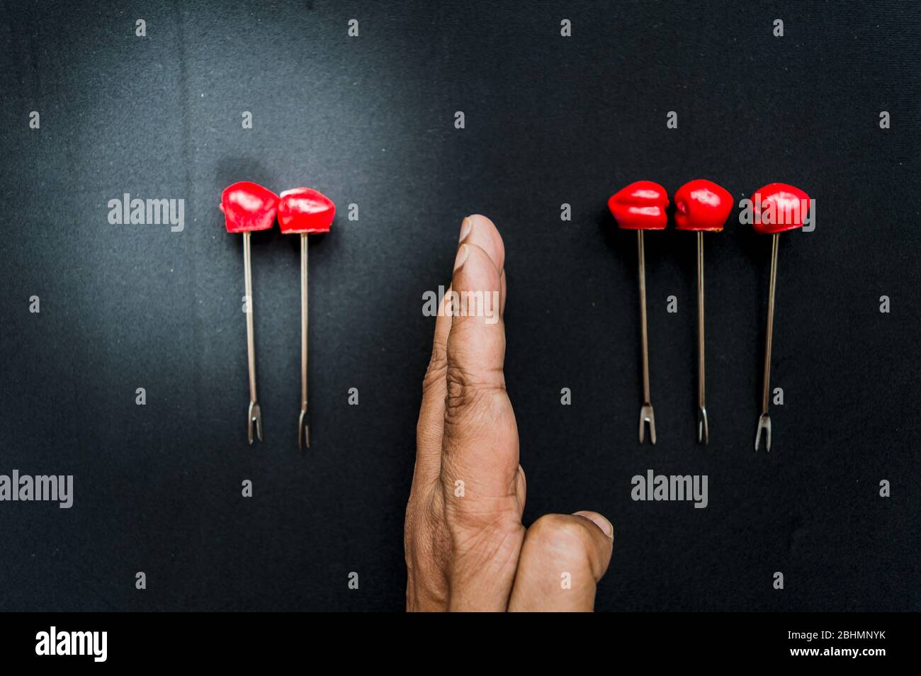 Social Distancing theme with objects flat lay. Directly above view ...