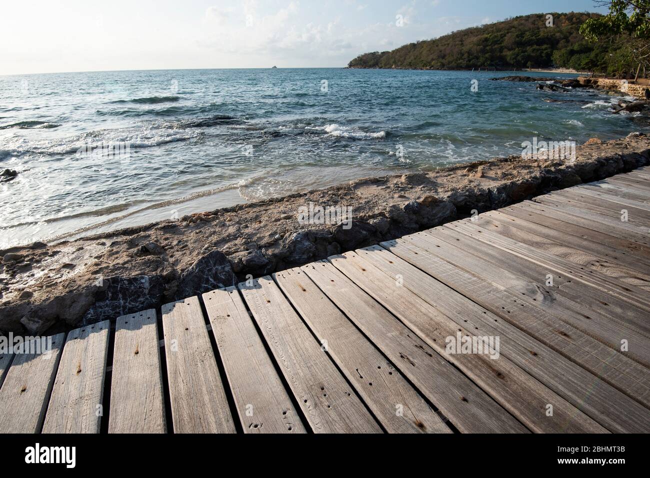 Terrace view sea with empty wooden table top on the beach landscape ...
