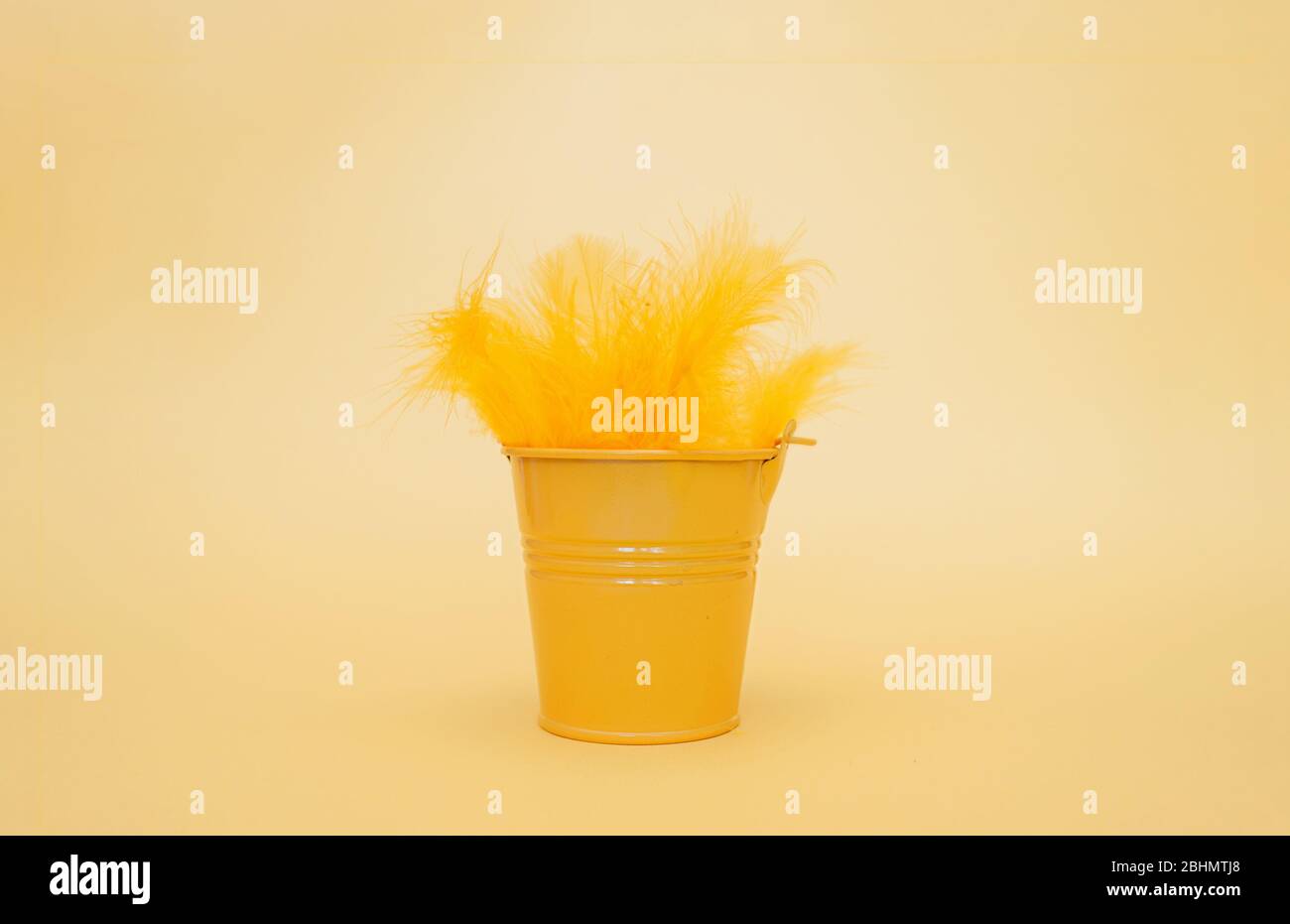 yellow metal miniature bucket filled with yellow feathers on a clean ...