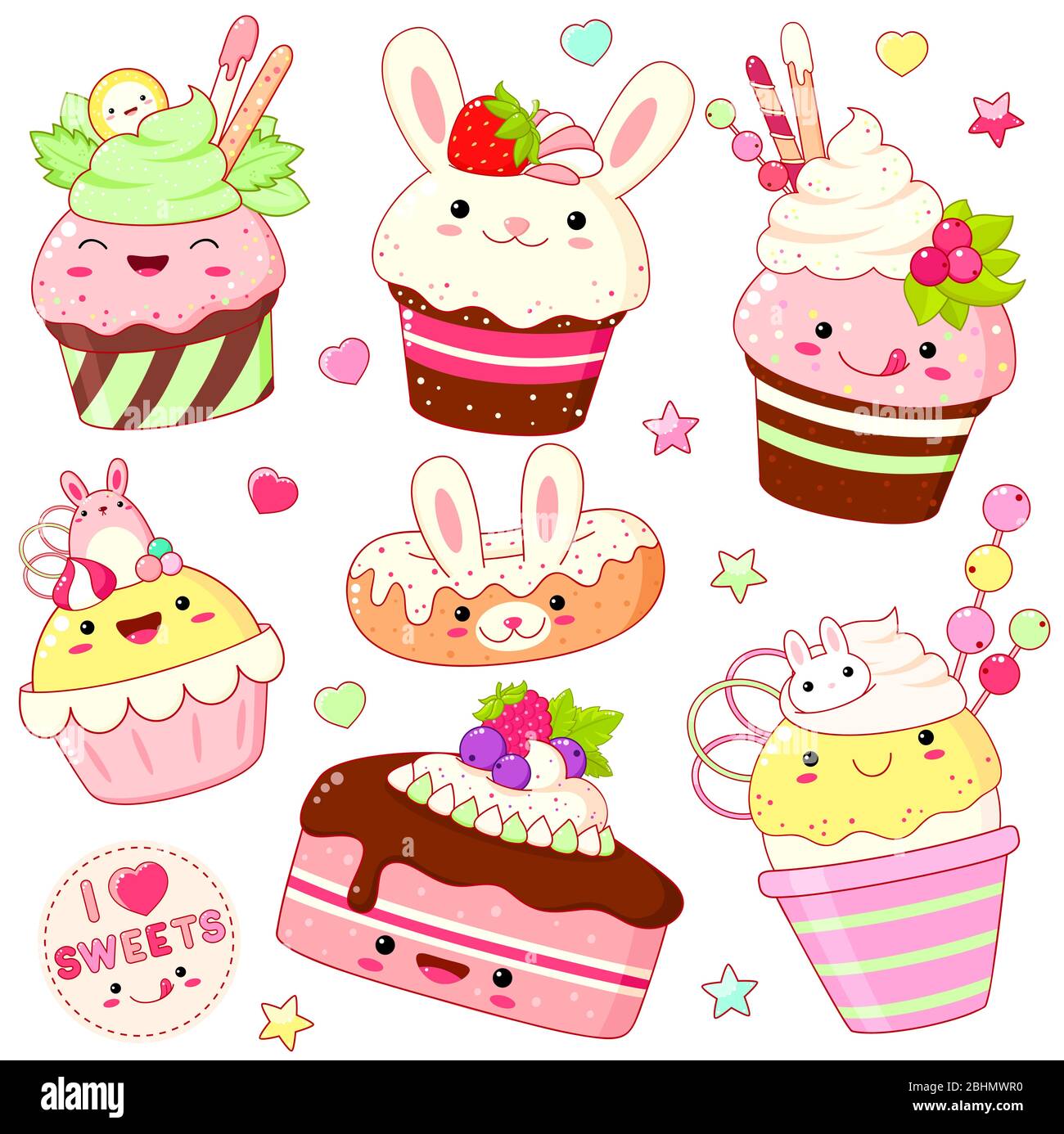 Set of cute sweet icons in kawaii style with smiling face and pink ...