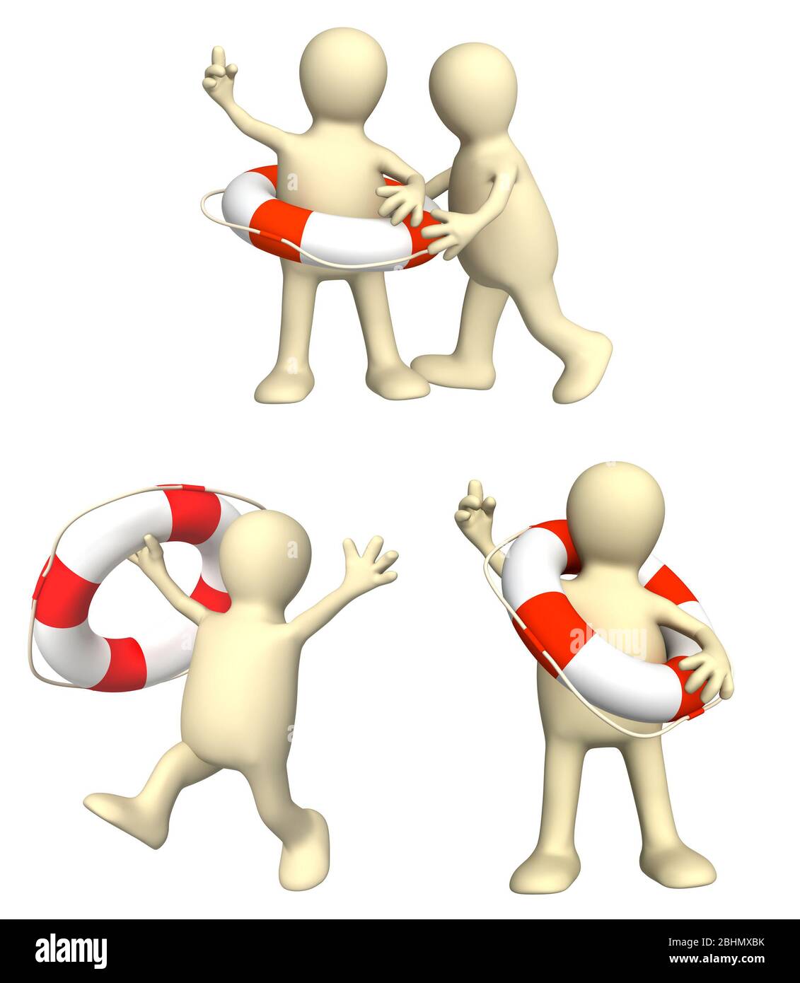 Puppets with a lifebuoy. Helping to survive. 3d man getting lifebuoy ...