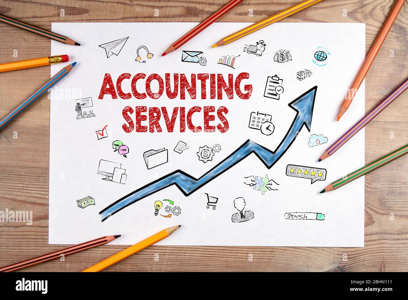 Accounting Services. Arrow with icons. Pencil on white piece of paper ...