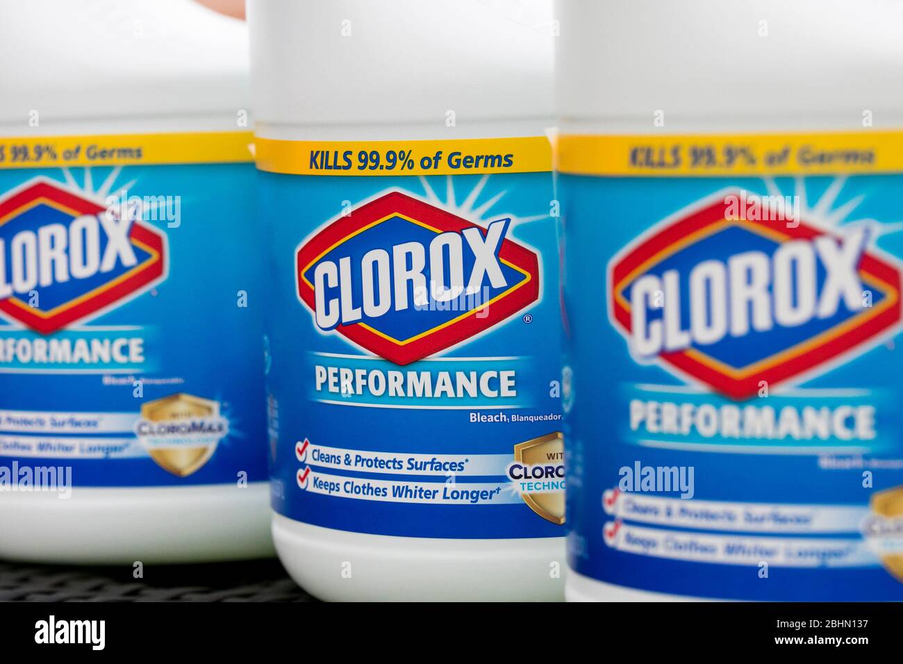 A grouping of Clorox disinfectant products arranged for a photograph ...