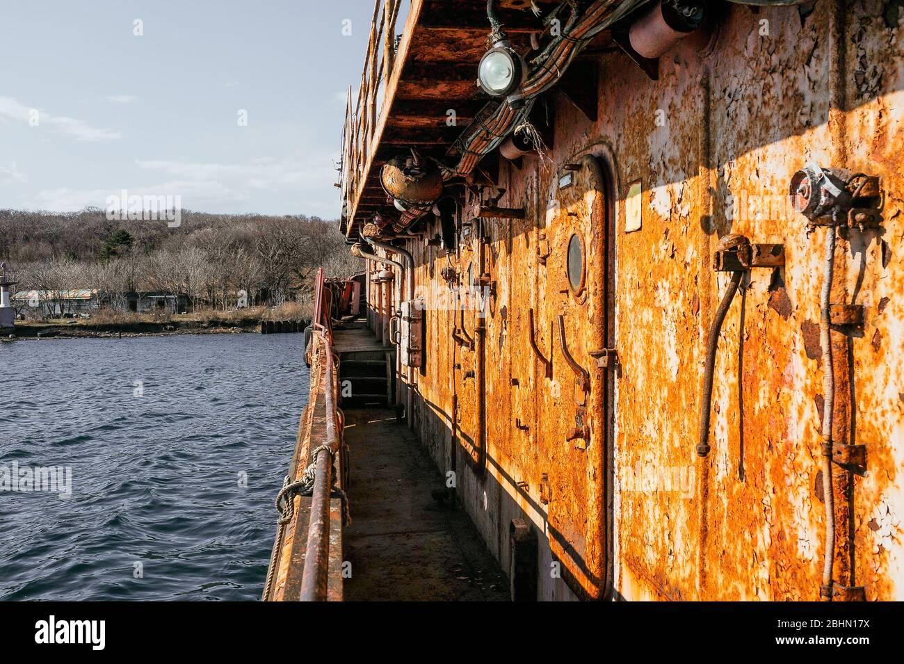 the deck of a very old abandoned completely rusty ship Stock Photo - Alamy