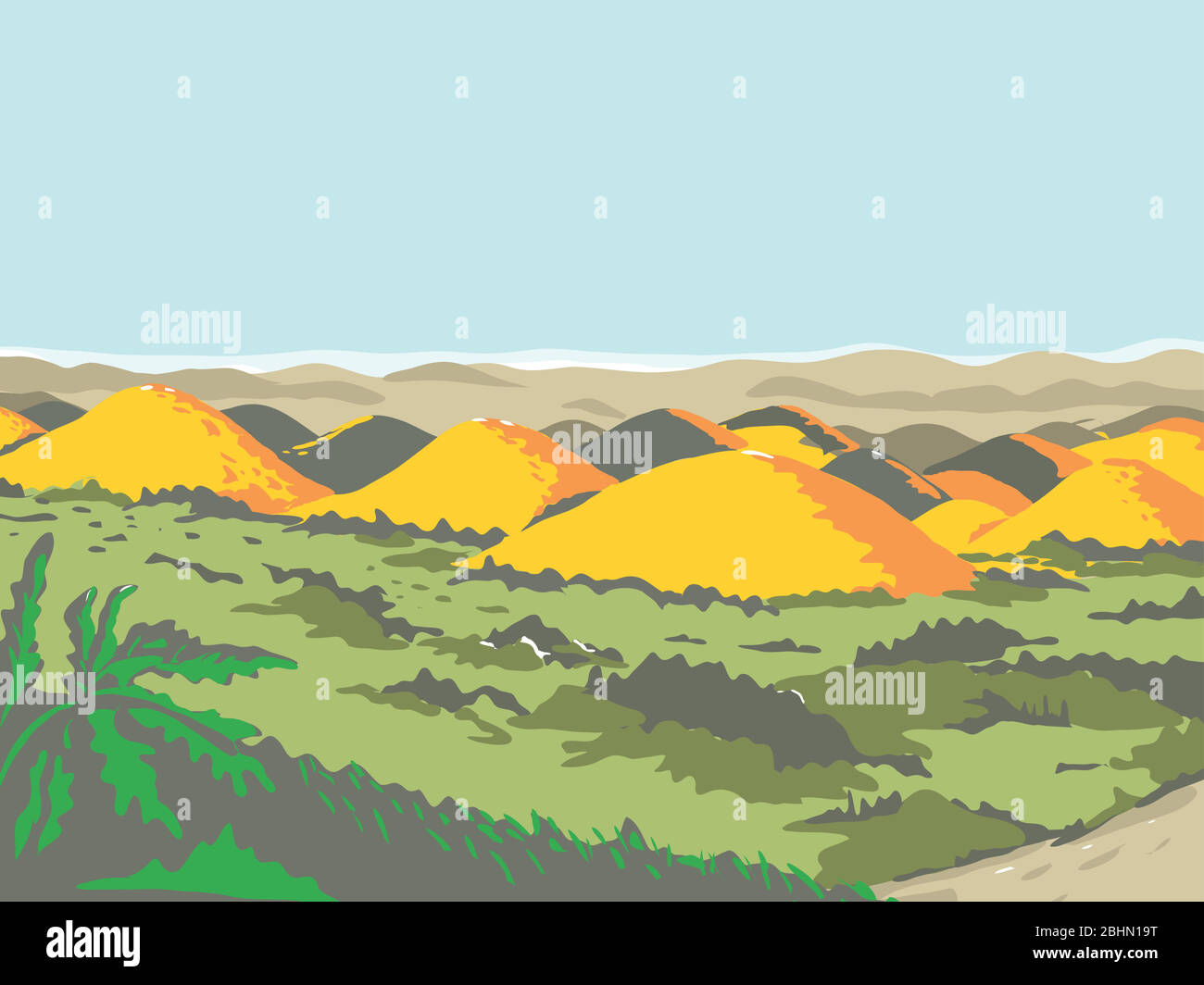 Retro WPA illustration of the Chocolate Hills, a geological formation ...