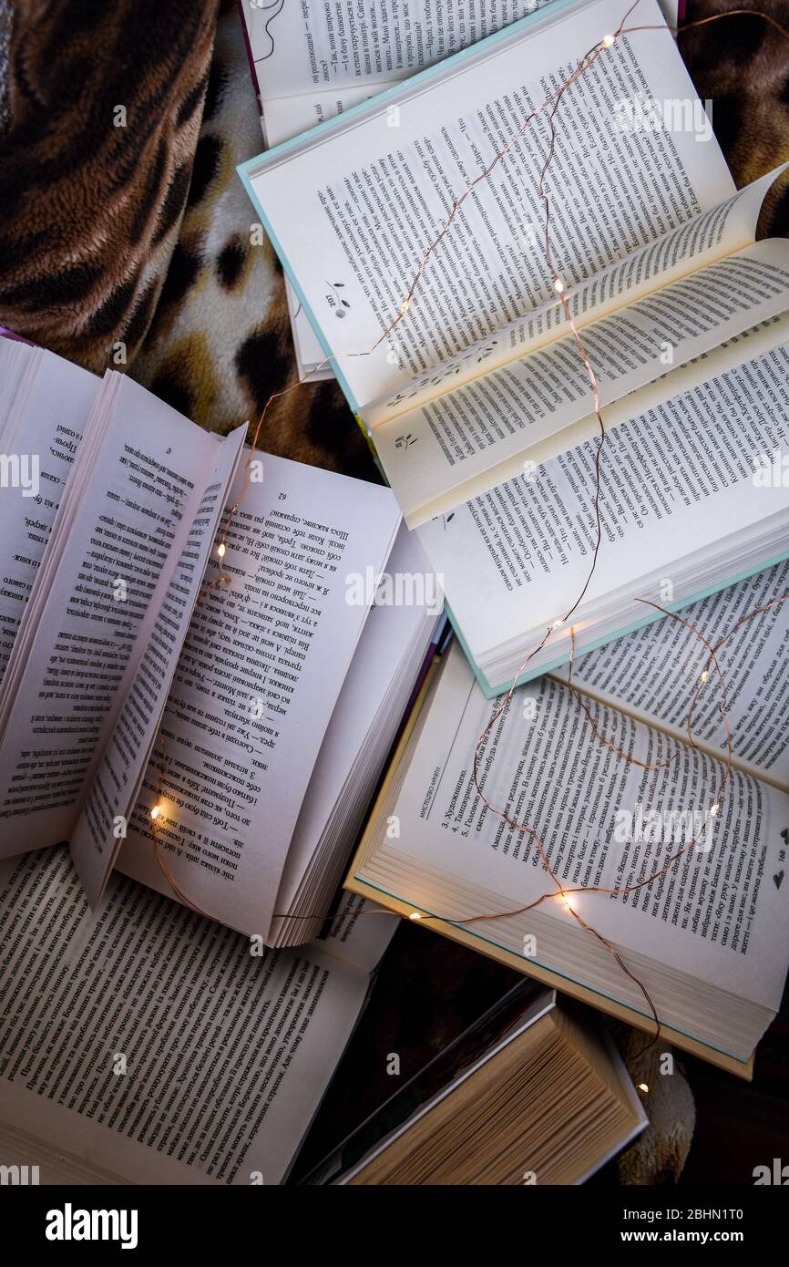 Literature Open books top view. Library and literature concept ...