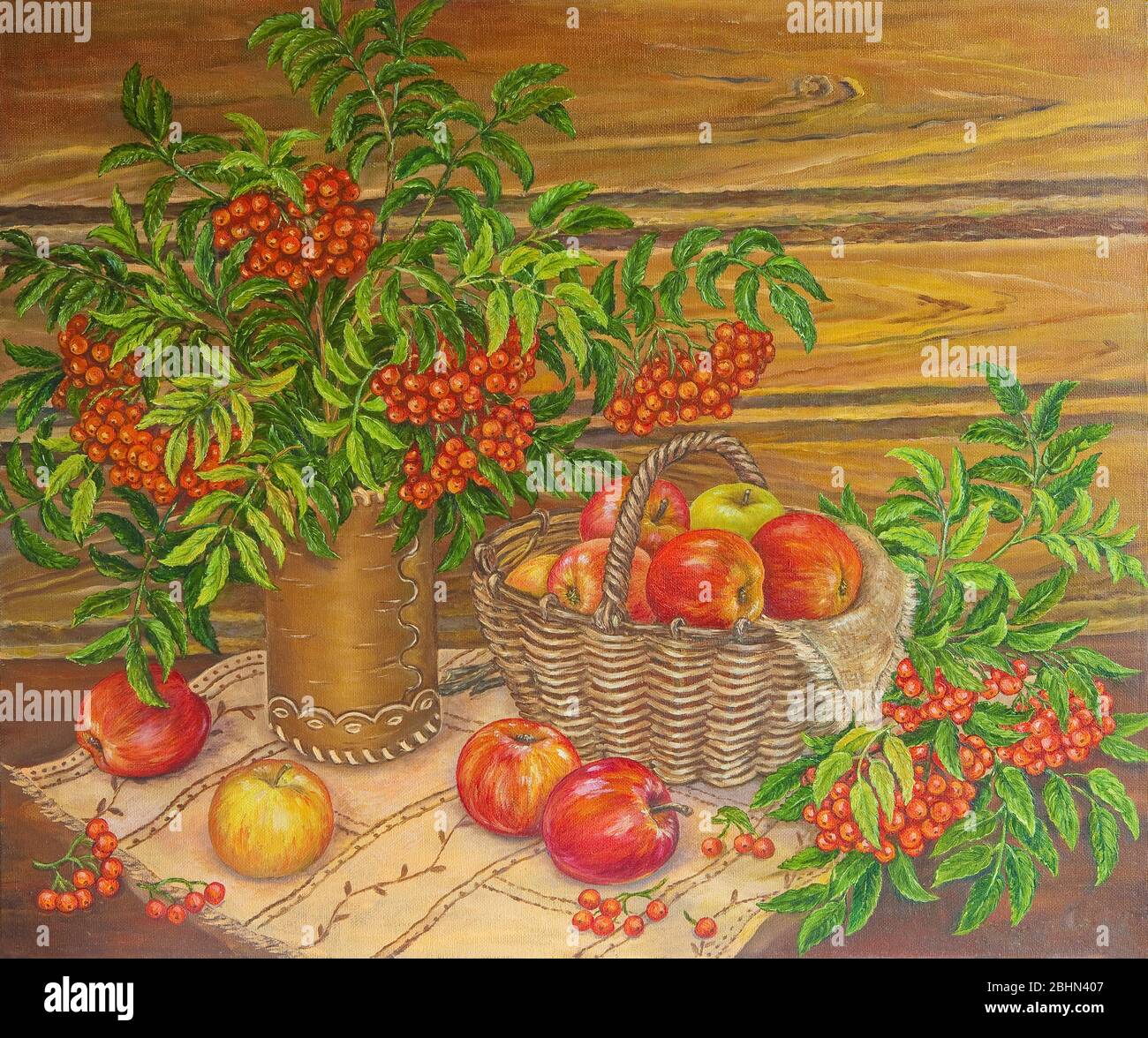 Painting oil still life mountain ash and apples. Original painting ...
