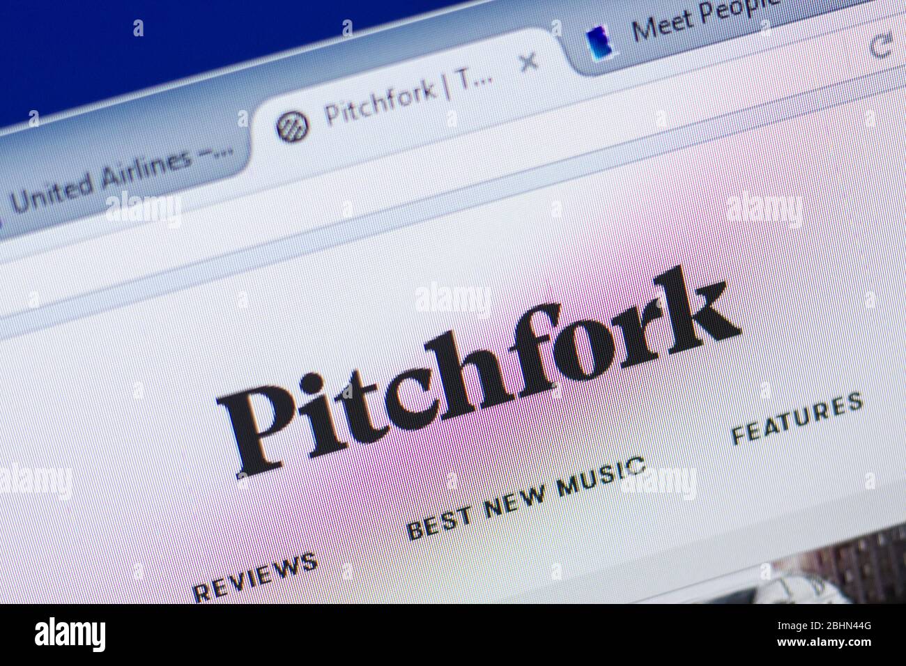 Ryazan, Russia - May 13, 2018: Pitchfork website on the display of PC ...