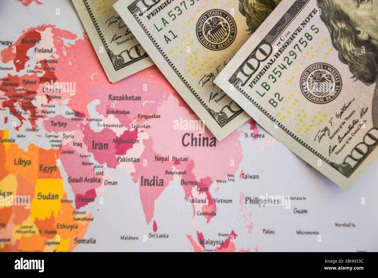 Pile of dollars near USA on world map, money, dollar and world map view ...