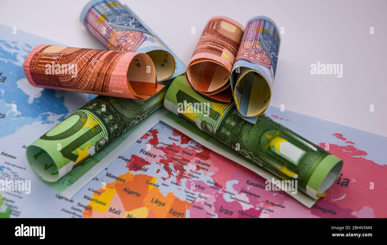 Euro banknote on the Europe map. Concept for Eurozone, European economy ...