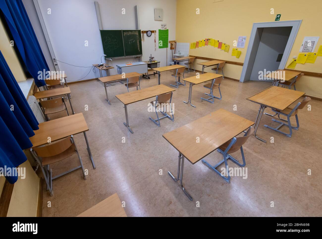 Munich, Germany. 27th Apr, 2020. The desks are placed in a classroom in ...