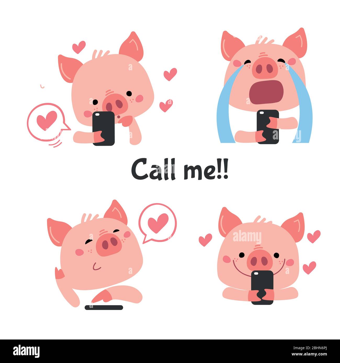 Vector set illustration Pink Piggy with telephone. Stickers for social ...