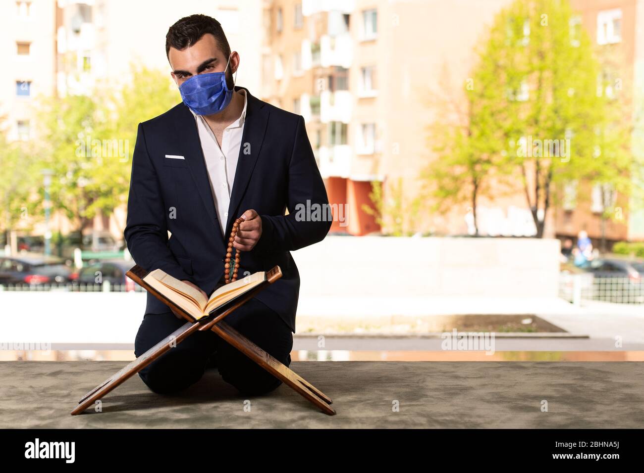 Young Muslim Man Praying in Mosque With Surgical Mask and Gloves Stock ...