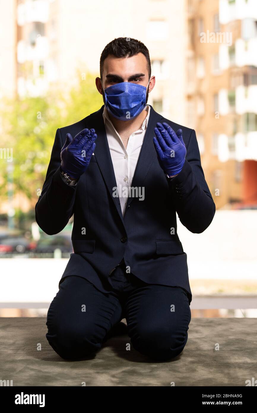 Young Muslim Man Praying in Mosque With Surgical Mask and Gloves Stock ...