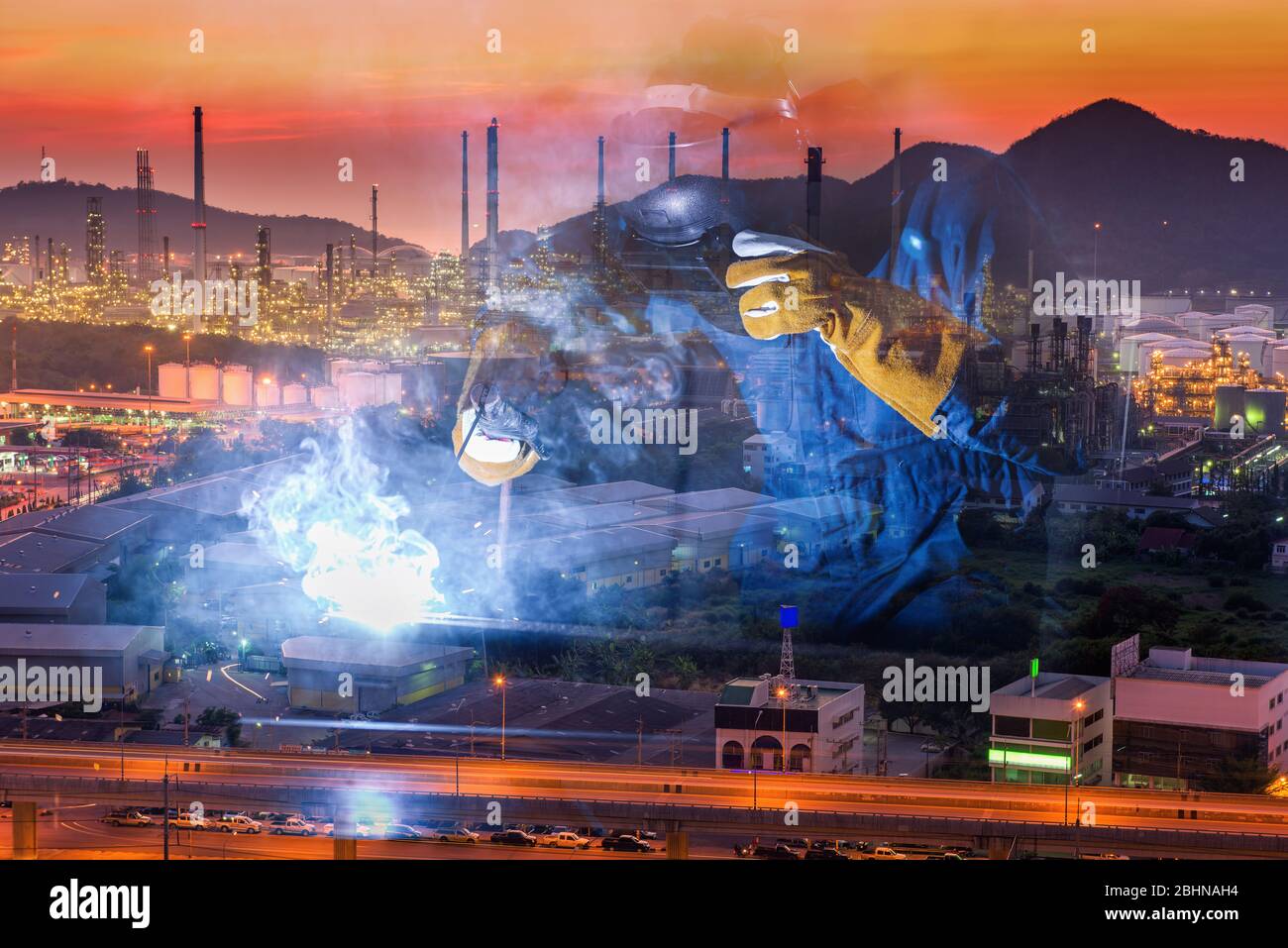 Double Exposure of Welder is Welding Pipeline Fabrication Assembly on ...
